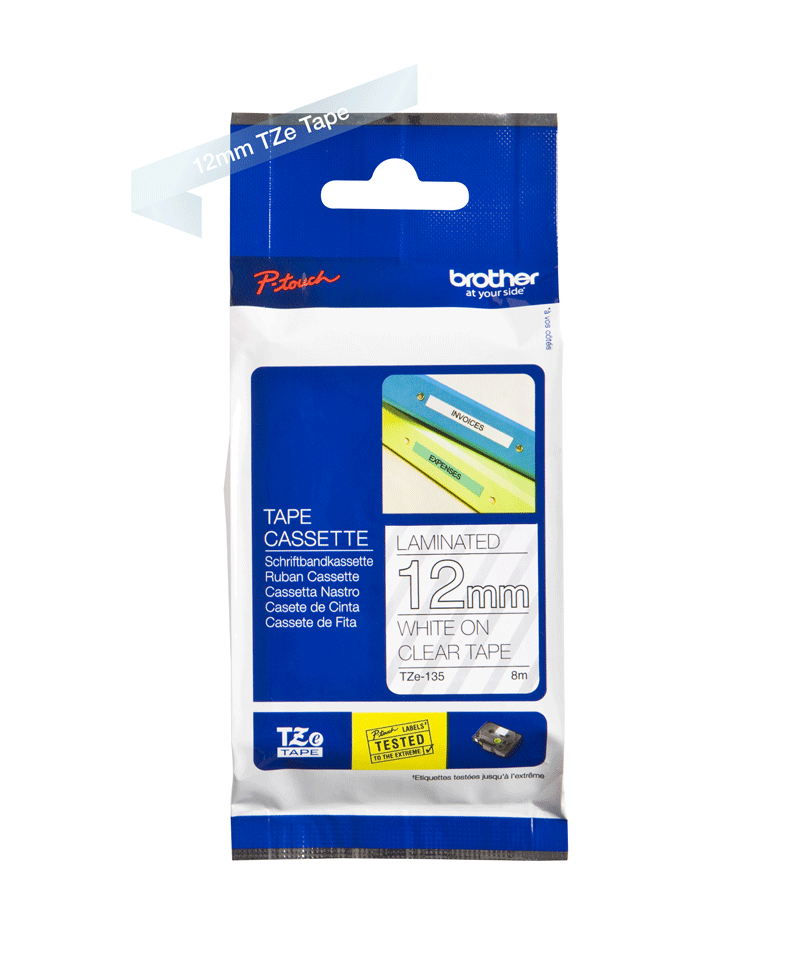 TZe-135 12mm Şeffaf üzerine Beyaz Laminasyonlu Etiket